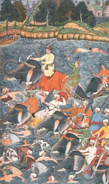 Indian school (16th century): Emperor Akbar (r.1556-1605) crossing the ...