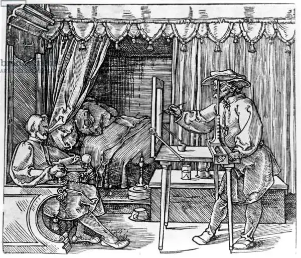 Albrecht Dürer: A draughtsman taking details for a portrait, using a ...